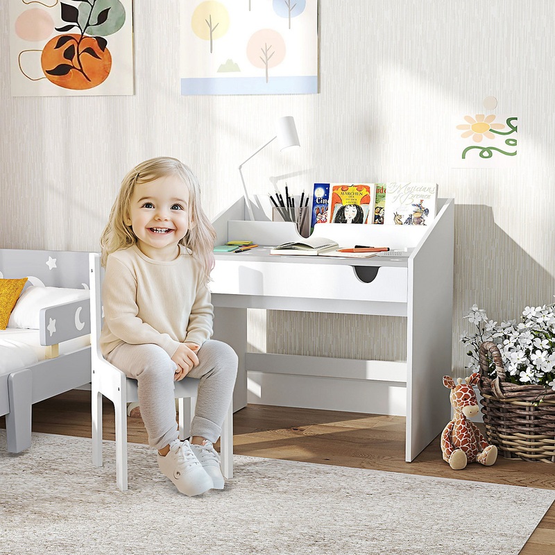AIYAPLAY Children Study Table and Chair w/ Storage, Pull-Out Drawer ...
